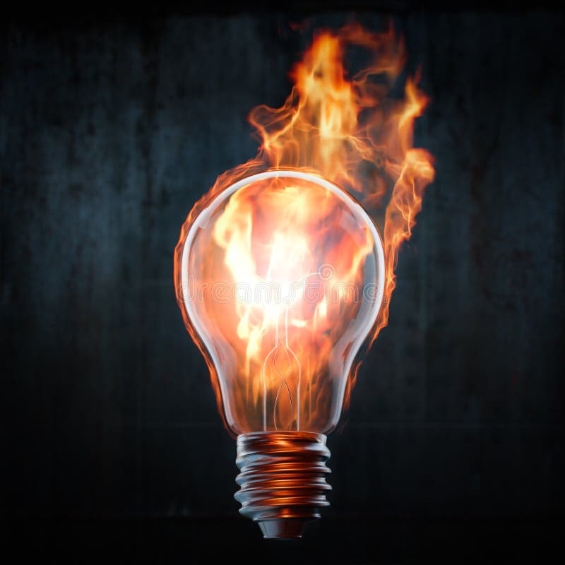 3D Rendering of a Light Bulb Burnt Down in Flame Stock Illustration ...