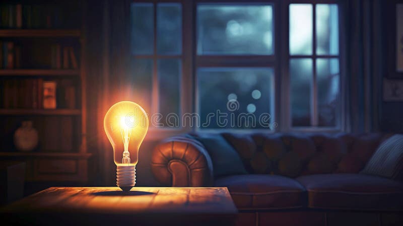 3D Rendering of a Light Bulb Glowing Brightly on a Table in Front of an ...
