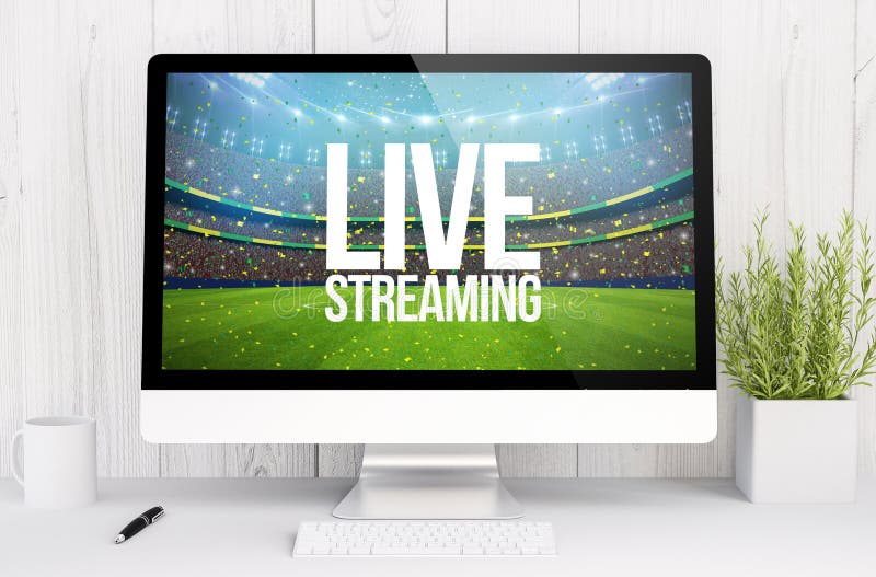 White Workspace with Computer Live Streaming Stock Image - Image of ...