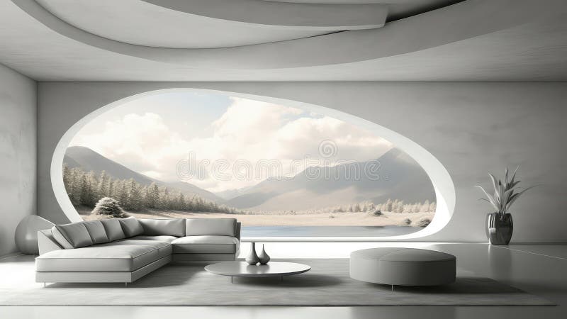 3D Rendering of a Living Hall Room with the Airy Large Window. Stock ...