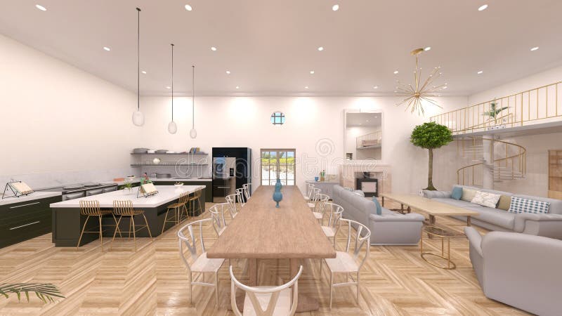 3D Rendering of the Living Room and Dining Kitchen Stock Illustration ...