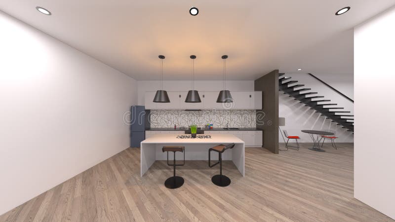 3D Rendering of the Living Room and Dining Kitchen with Night View ...