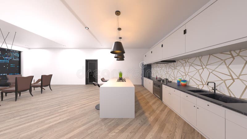 3D Rendering of the Living Room and Dining Kitchen with Night View ...