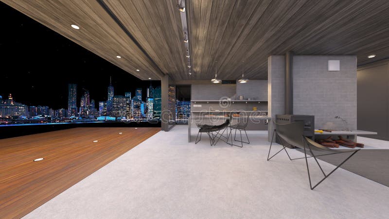 3D Rendering of the Living Room and Dining Room with Night View Stock ...
