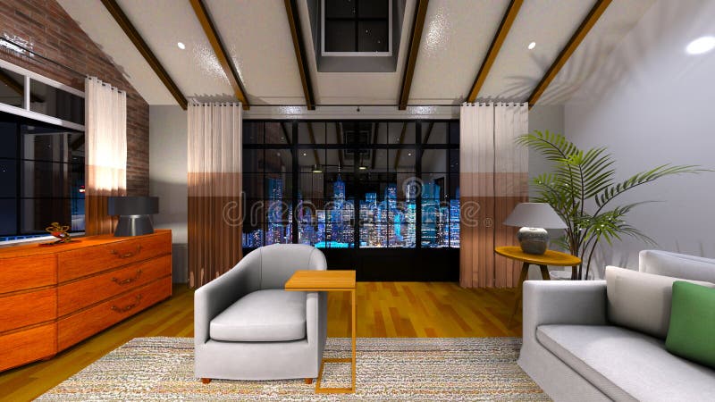 3D Rendering of the Living Room and Dining Room with Night View Stock ...