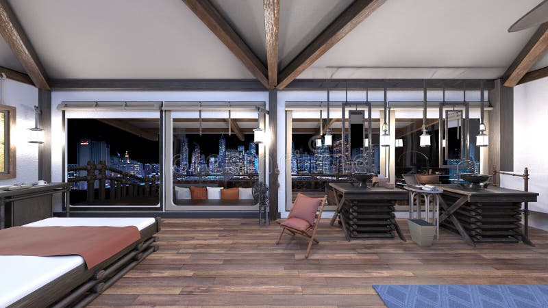 3D Rendering of the Living Room and Dining Room with Night View Stock ...