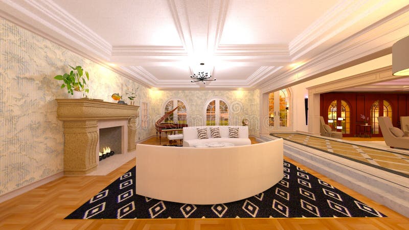 3D Rendering of the Living Room with a Fireplace Stock Illustration ...