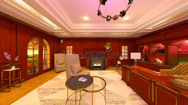 3D Rendering of the Living Room with a Fireplace Stock Illustration ...