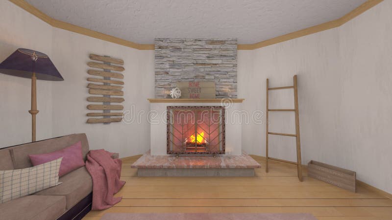 3D Rendering of the Living Room with a Fireplace Stock Illustration ...