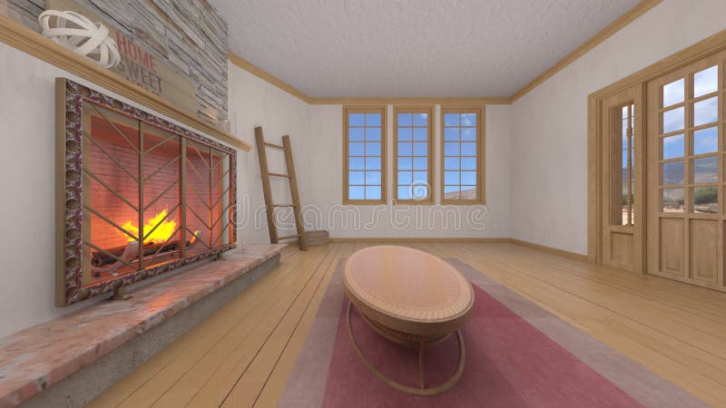 3D Rendering of the Living Room with a Fireplace Stock Illustration ...