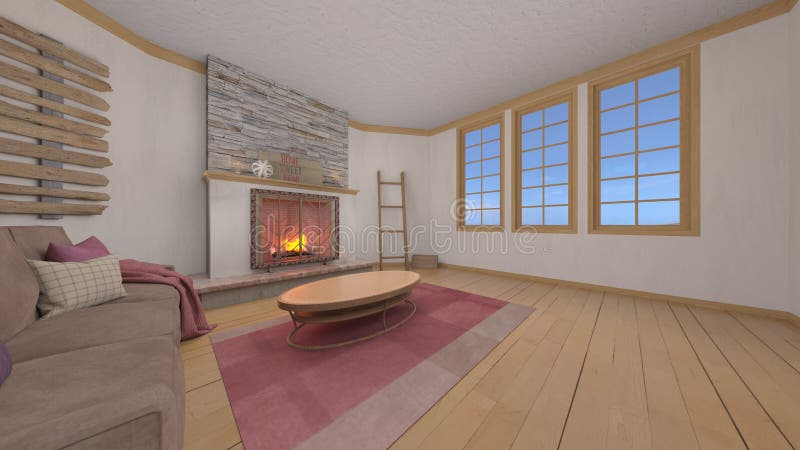 3D Rendering of the Living Room with a Fireplace Stock Illustration ...