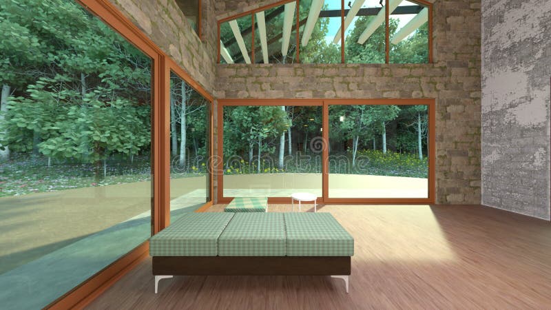 3D Rendering of the Living Room with Large Windows Stock Illustration ...