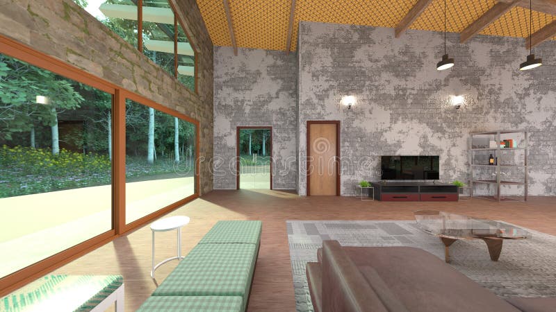 3D Rendering of the Living Room with Large Windows Stock Illustration ...