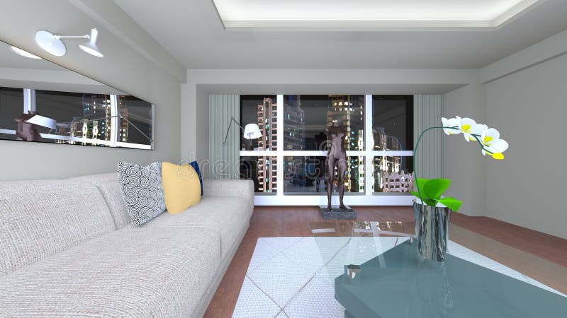 3D Rendering of the Living Room with Night View Stock Illustration ...