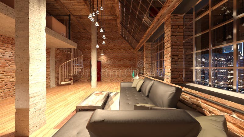 3D Rendering of the Living Room with Night View Stock Illustration ...