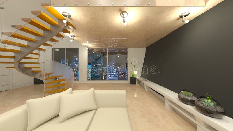3D Rendering of the Living Room with Night View Stock Illustration ...