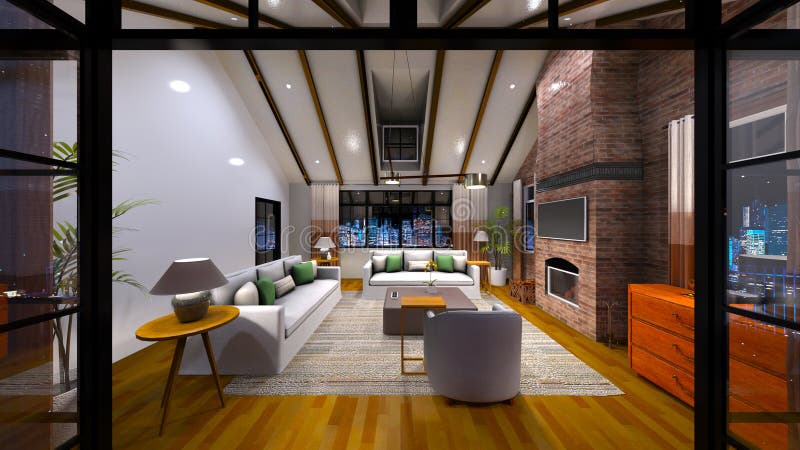 3D Rendering of the Living Room with Night View Stock Illustration ...