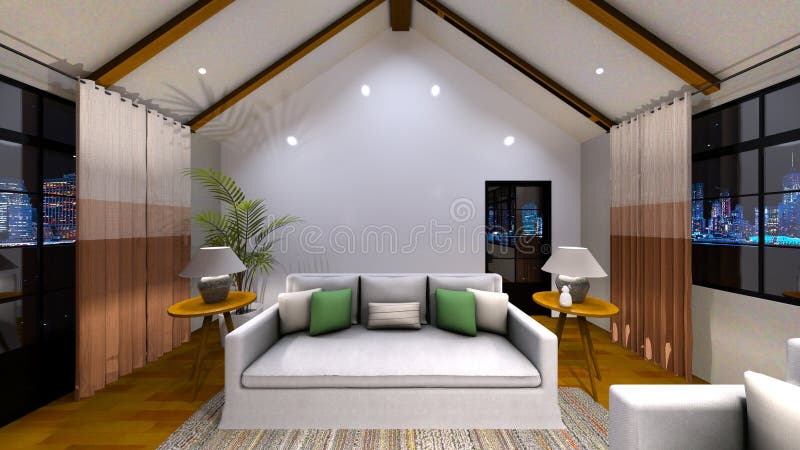 3D Rendering of the Living Room with Night View Stock Illustration ...