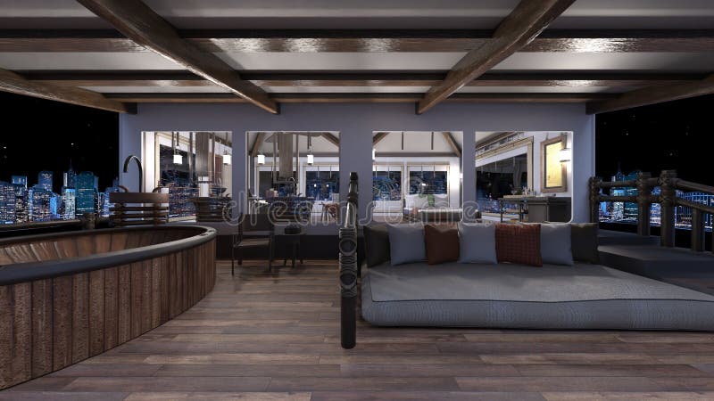 3D Rendering of the Living Room with Night View Stock Illustration ...