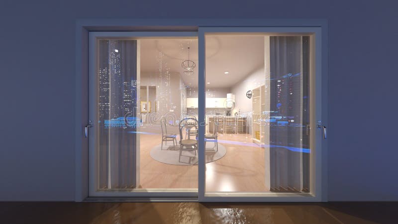 3D Rendering of the Living Room with Night View Stock Illustration ...