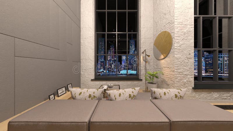 3D Rendering of the Living Room with Night View Stock Illustration ...