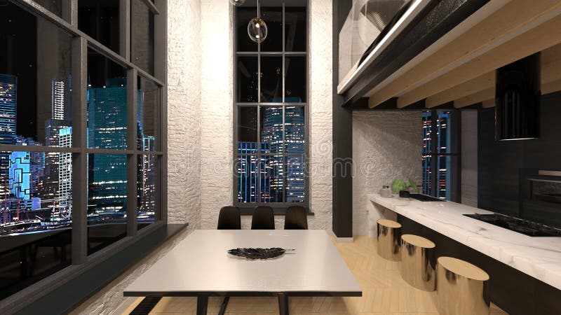 3D Rendering of the Living Room with Night View Stock Illustration ...