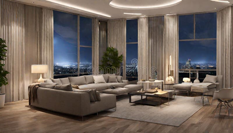 3D Rendering of the Living Room with Night Stock Illustration ...