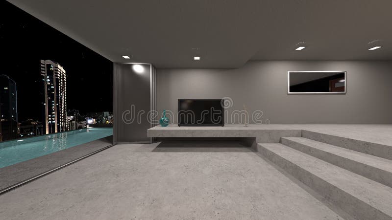 3D Rendering of the Living Room with Night View Stock Illustration ...