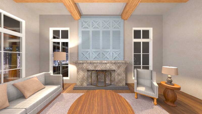 3D Rendering of the Living Room with Night View Stock Illustration ...