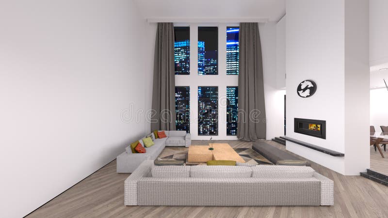 3D Rendering of the Living Room with Night View Stock Illustration ...