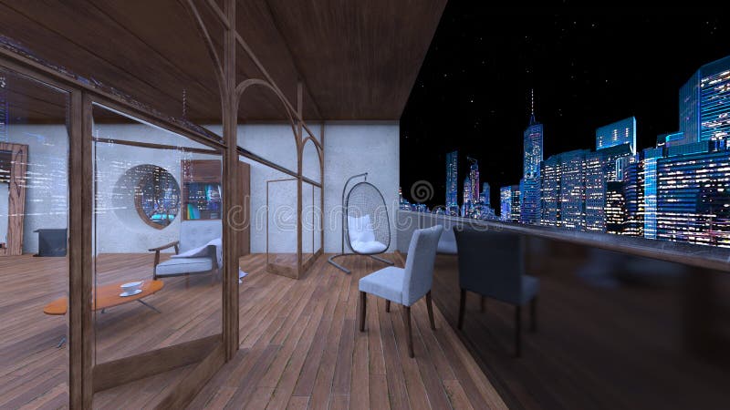 3D Rendering of the Living Room with Night View Stock Illustration ...