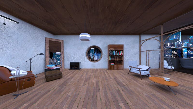 3D Rendering of the Living Room with Night View Stock Illustration ...