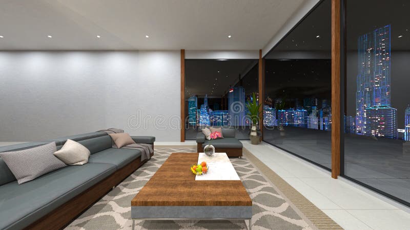3D Rendering of the Living Room with Night View Stock Illustration ...