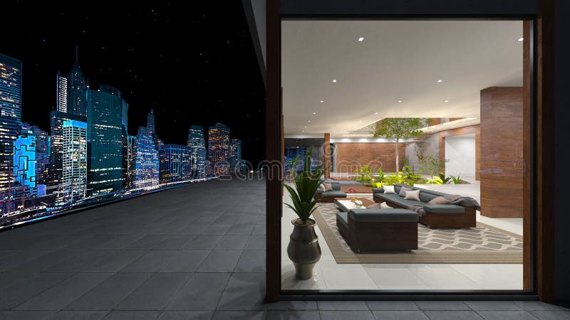 3D Rendering of the Living Room and Dining Room with Night View Stock ...