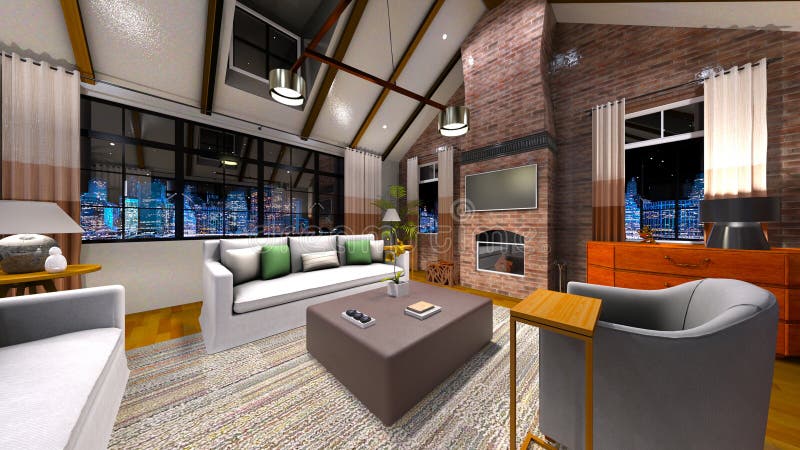 3D Rendering of the Living Room with Night View Stock Illustration ...