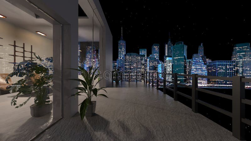 3D Rendering of the Living Room with Night View Stock Illustration ...