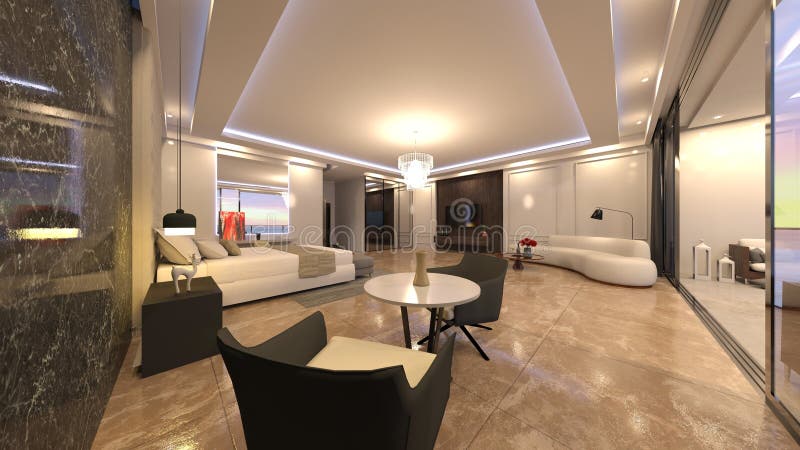 3D Rendering of the Living Room with Sea View Stock Illustration ...