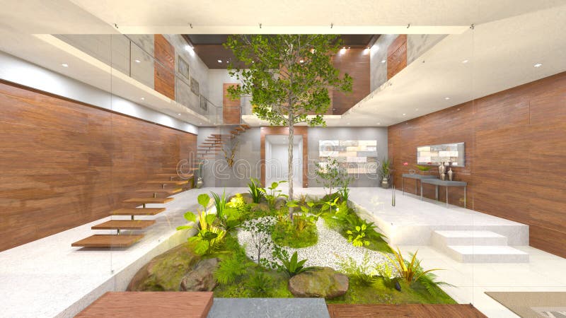 3D Rendering of the Living Room with Trees Inside Stock Illustration ...