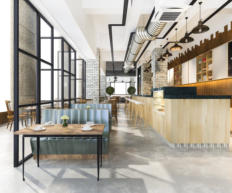 3d Rendering Loft and Luxury Hotel Reception and Cafe Lounge Restaurant ...