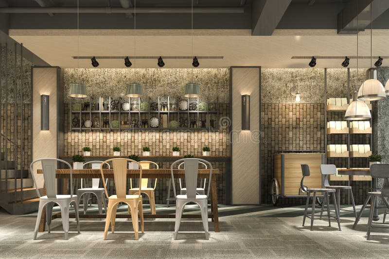 3d Rendering Loft and Luxury Hotel Reception and Cafe Lounge Restaurant ...