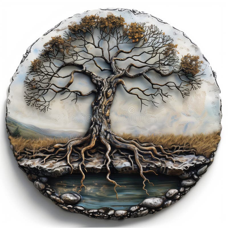 3D Rendering Logo of a Tree with Roots in the Middle of a Lake Stock ...