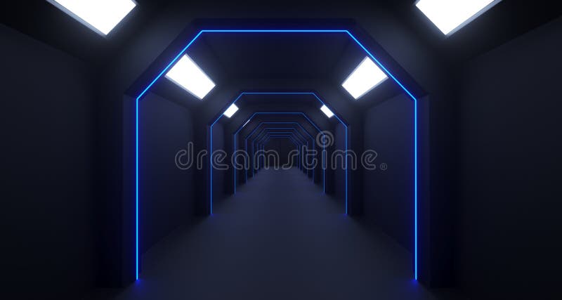 3d Rendering of Long Sci-fi Dark Corridor with Thin Blue Lights Stock ...