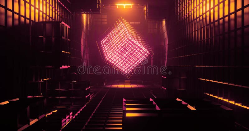 3d Rendering Loop of Gold Neon Cube on Dark Corridor Stock Footage ...