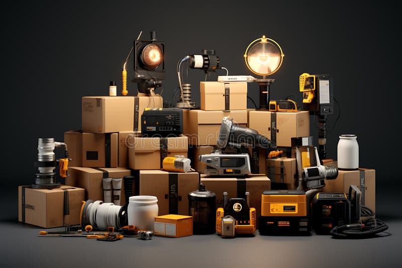 3d Rendering of a Lot of Electric Tools and Boxes on Black Background ...