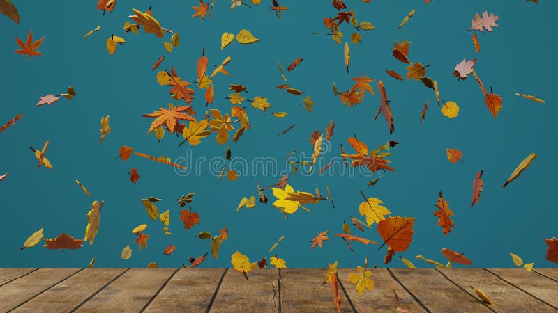 3D Rendering. Lots of Falling Autumn Leaves on a Plain Blue Background ...