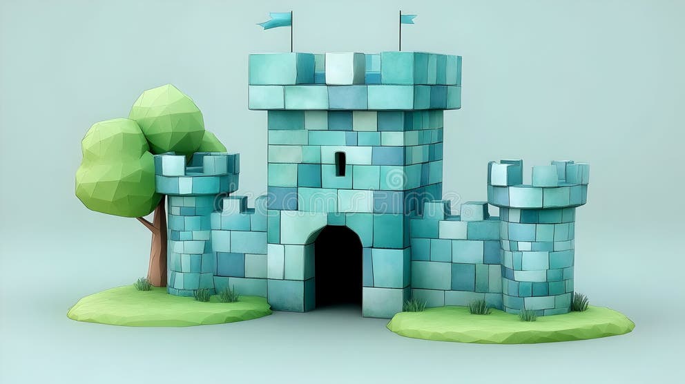 3D Rendering of a Low Poly Blue Stone Castle with Turrets on Green ...