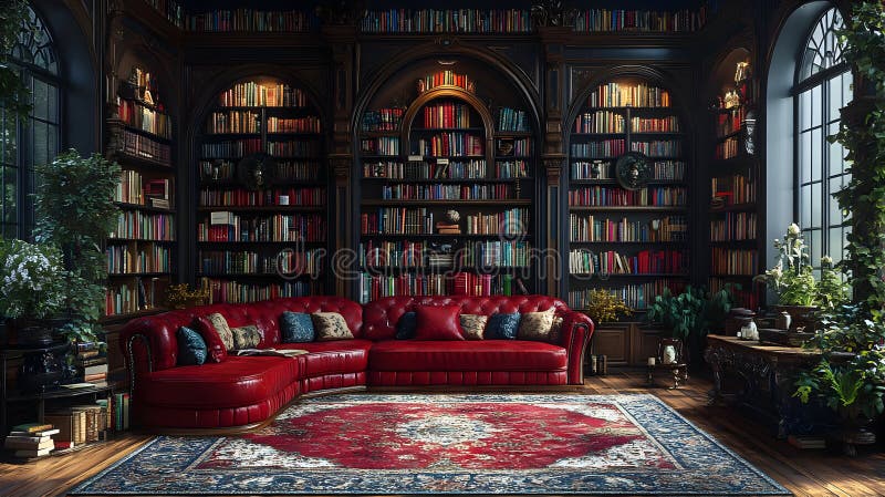 Luxurious Library with Red Leather Sofa and Bookshelves Stock ...