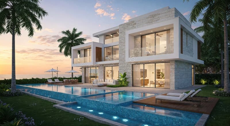 3D Rendering of Luxury Beachfront Villa with a Modern Architectural ...