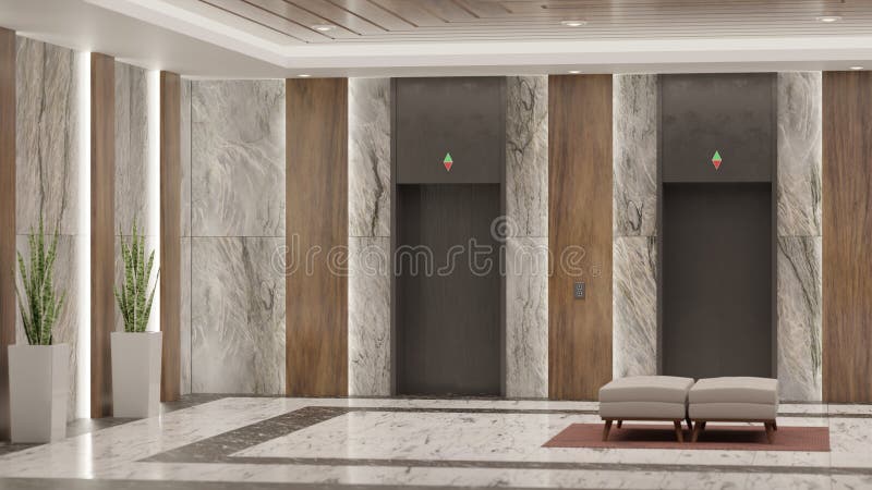 3d Rendering Luxury Decoration at Waiting Area Front of Elevators Stock ...