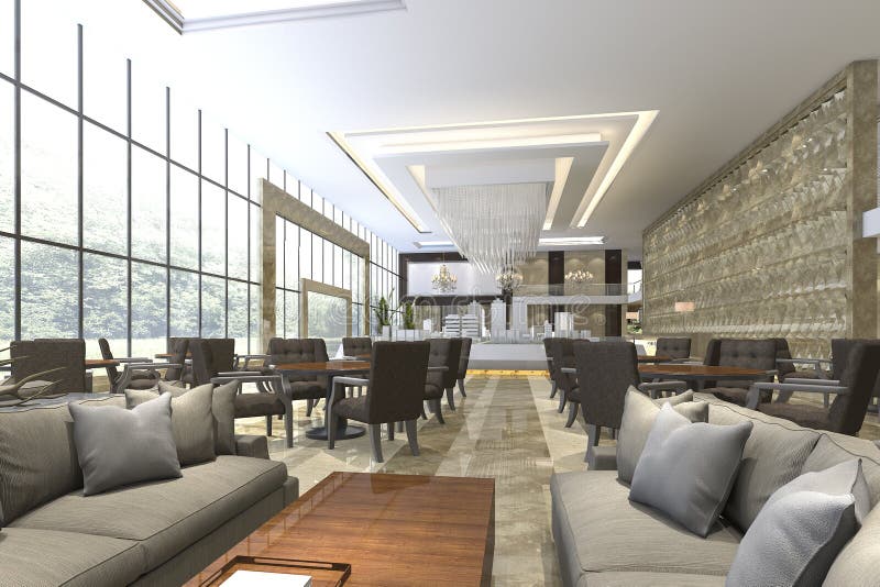 3d Rendering Luxury Hotel Reception and Lounge Restaurant Stock ...